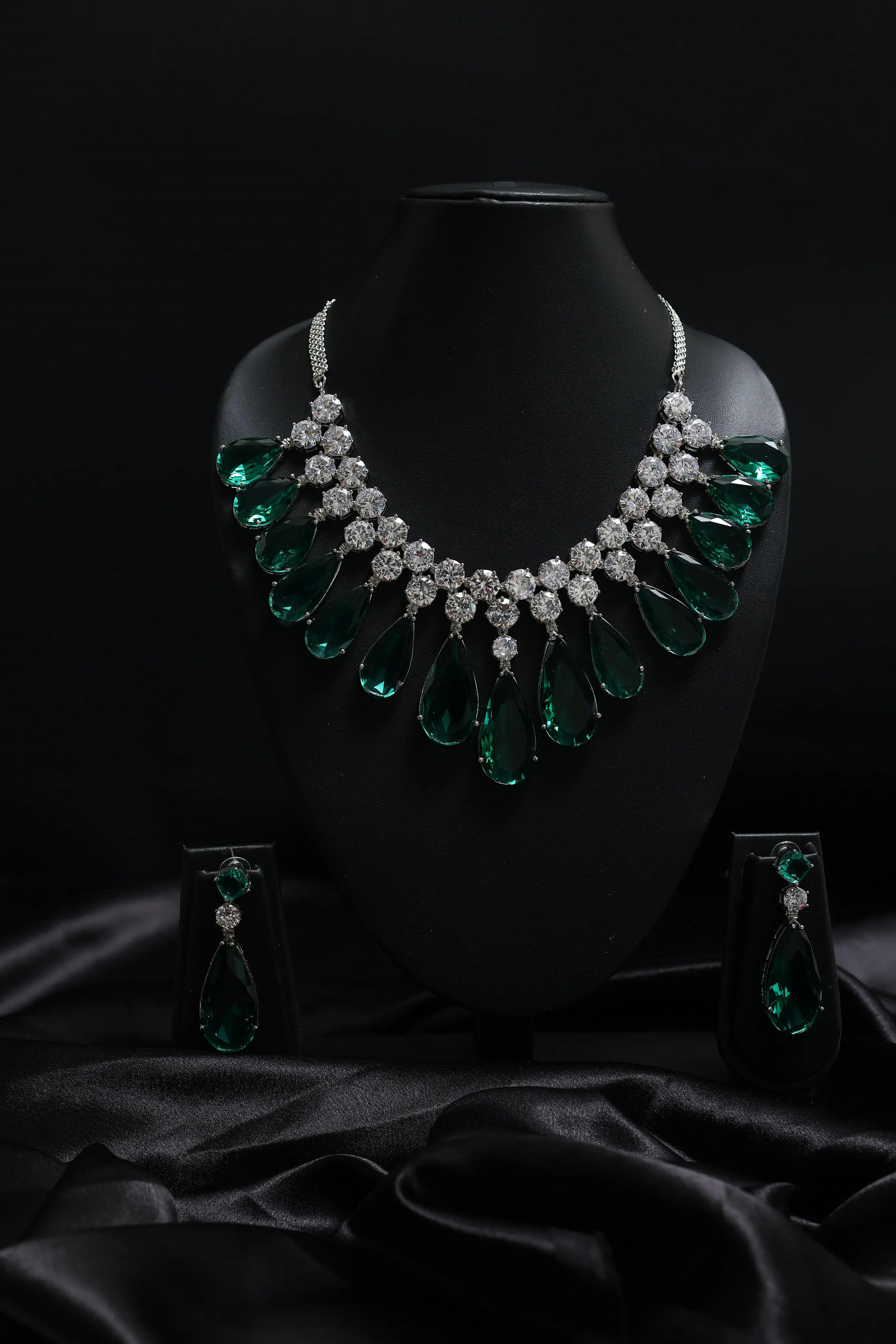 Sparkling Emerald Statement Tear Drop with Diamond Cluster Necklace Se ...